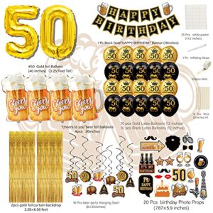 50th birthday decorations for men women - (60pcs) black gold party Banner, 40 Inch Gold Balloons,50th Sign Latex Balloon,Fringe Curtains and cheers to you Foil Balloons,Hanging Swirl,photo props