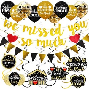 welcome home decorations, 40pcs we missed you so much banner balloon hanging swirls kit, gold welcome back theme sign party supplies, homecoming party decor