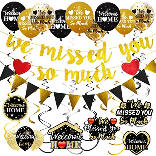 Welcome Home Decorations, 40Pcs We Missed You So Much Banner Balloon Hanging Swirls Kit, Gold Welcome Back Theme Sign Party Supplies, Homecoming Party Decor