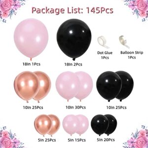 143Pcs Rose Gold Balloon Arch Garland Kit, Black Pink and Rose Gold Balloons 5/10/18 Inch for Women Girls Party Birthday Wedding Bridal Shower Bachelorette Engagement Anniversary Graduations Retirement New Year Party Supplies Backdrop Decorations…