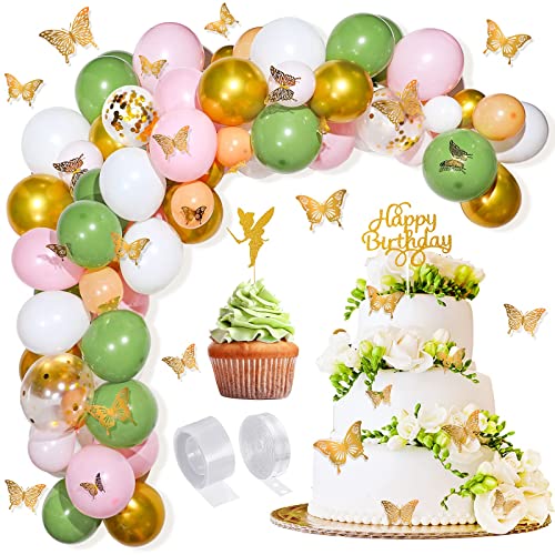 Fairy Birthday Party Decoration 154 Pieces Butterfly Balloon Garland Arch Kit Gold Olive Green Pink White Confetti Latex Balloons Gold Glitter Fairy Happy Birthday Cake Topper for Baby Shower Wedding