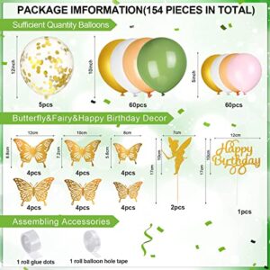 Fairy Birthday Party Decoration 154 Pieces Butterfly Balloon Garland Arch Kit Gold Olive Green Pink White Confetti Latex Balloons Gold Glitter Fairy Happy Birthday Cake Topper for Baby Shower Wedding