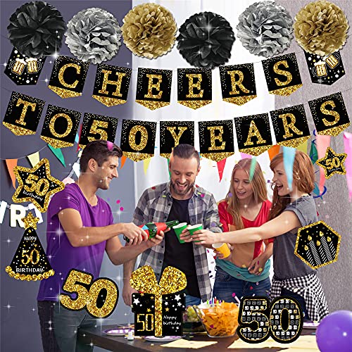 50th birthday decorations for men - (21pack) cheers to 50 years black gold glitter banner for women, 6 paper Poms, 6 Hanging Swirl, 7 decorations stickers. 50 Years Old Party Supplies gifts for men