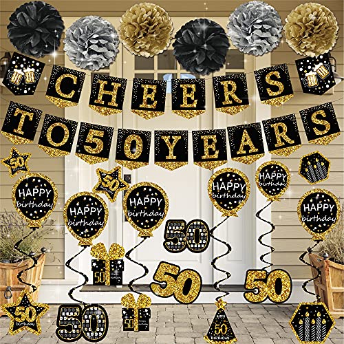 50th birthday decorations for men - (21pack) cheers to 50 years black gold glitter banner for women, 6 paper Poms, 6 Hanging Swirl, 7 decorations stickers. 50 Years Old Party Supplies gifts for men