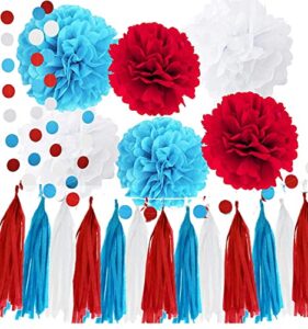 dr seuss party decorations thing 1 and thing 2 birthday party decorations cat in the hat birthday party/dr seuss baby shower decorations turquoise white red tissue pom pom