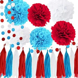 Dr Seuss Party Decorations Thing 1 and Thing 2 Birthday Party Decorations Cat in the Hat Birthday Party/Dr Seuss Baby Shower Decorations Turquoise White Red Tissue Pom Pom