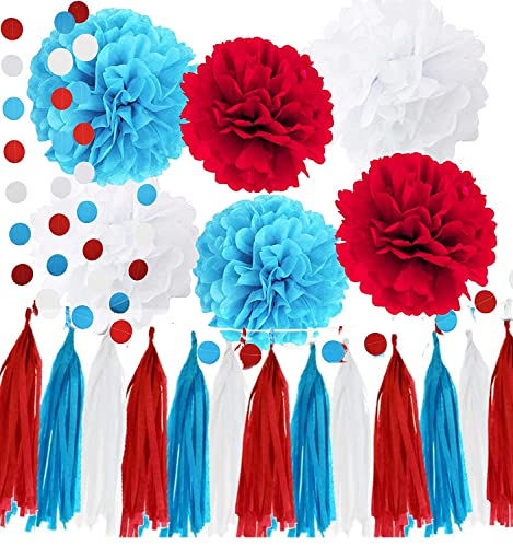 Dr Seuss Party Decorations Thing 1 and Thing 2 Birthday Party Decorations Cat in the Hat Birthday Party/Dr Seuss Baby Shower Decorations Turquoise White Red Tissue Pom Pom