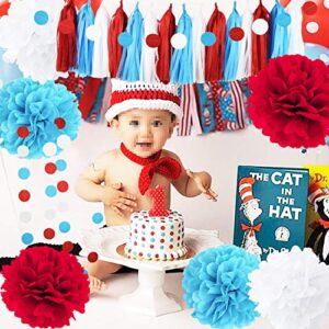 Dr Seuss Party Decorations Thing 1 and Thing 2 Birthday Party Decorations Cat in the Hat Birthday Party/Dr Seuss Baby Shower Decorations Turquoise White Red Tissue Pom Pom