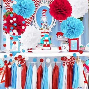 Dr Seuss Party Decorations Thing 1 and Thing 2 Birthday Party Decorations Cat in the Hat Birthday Party/Dr Seuss Baby Shower Decorations Turquoise White Red Tissue Pom Pom