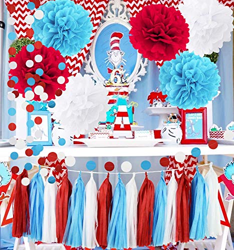 Dr Seuss Party Decorations Thing 1 and Thing 2 Birthday Party Decorations Cat in the Hat Birthday Party/Dr Seuss Baby Shower Decorations Turquoise White Red Tissue Pom Pom