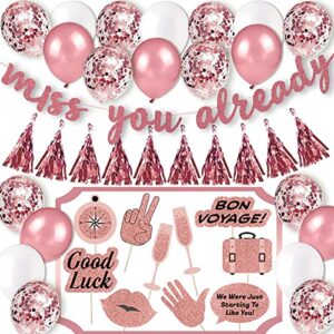 going away party decorations kit |”miss you already!” banner | 10 going away party photo booth props | rose gold tassels | 10 rose gold confetti balloons 5 rose gold balloons