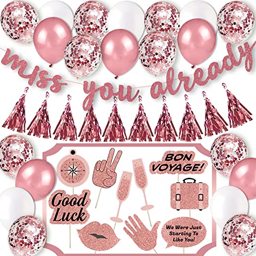 Going Away Party Decorations Kit |"Miss You Already!" Banner | 10 Going Away Party Photo Booth Props | Rose Gold Tassels | 10 Rose Gold Confetti Balloons 5 Rose Gold Balloons