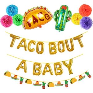 taco bout a baby gold balloons banner mexican fiesta cactus picado banner baby shower first 1st birthday party decorations supplies theme boy or girl gender reveal fiesta tattoos stickers…