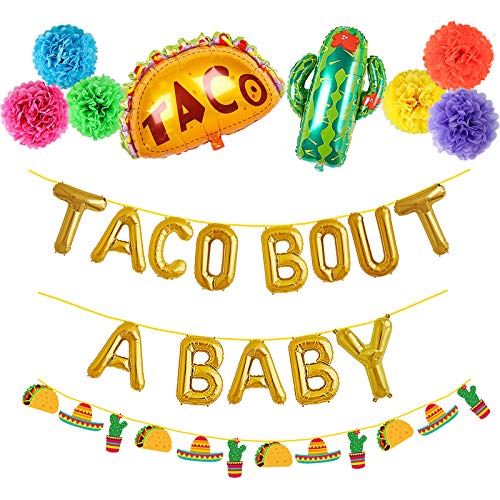 Taco Bout A Baby Gold Balloons Banner Mexican Fiesta Cactus Picado Banner Baby Shower First 1st Birthday Party Decorations Supplies Theme Boy or Girl Gender Reveal Fiesta Tattoos Stickers…