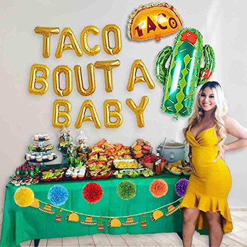 Taco Bout A Baby Gold Balloons Banner Mexican Fiesta Cactus Picado Banner Baby Shower First 1st Birthday Party Decorations Supplies Theme Boy or Girl Gender Reveal Fiesta Tattoos Stickers…