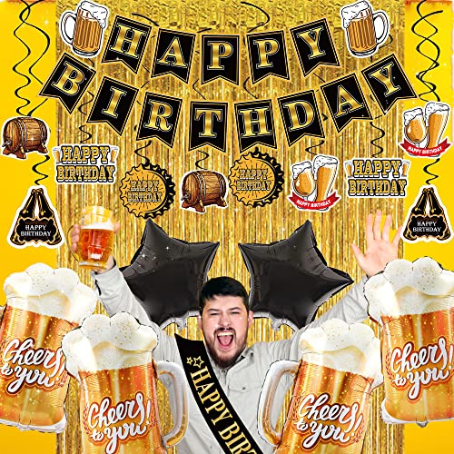 happy birthday decorations for men women - (61pcs) black and gold party decorations Banner, Sign Latex Balloon,Fringe Curtains and cheers to you Foil Balloons,Hanging Swirl,photo props,birthday sash