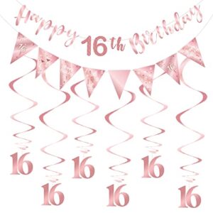 rose gold 16th birthday decoration for girls, happy 16th birthday banner bunting swirls, triangle flag banner for 16 birthday party decorations supplies