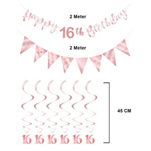 Rose Gold 16th Birthday Decoration for Girls, Happy 16th Birthday Banner Bunting Swirls, Triangle Flag Banner for 16 Birthday Party Decorations Supplies