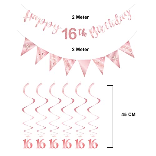 Rose Gold 16th Birthday Decoration for Girls, Happy 16th Birthday Banner Bunting Swirls, Triangle Flag Banner for 16 Birthday Party Decorations Supplies