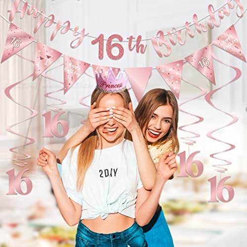 Rose Gold 16th Birthday Decoration for Girls, Happy 16th Birthday Banner Bunting Swirls, Triangle Flag Banner for 16 Birthday Party Decorations Supplies