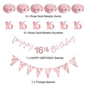 Rose Gold 16th Birthday Decoration for Girls, Happy 16th Birthday Banner Bunting Swirls, Triangle Flag Banner for 16 Birthday Party Decorations Supplies