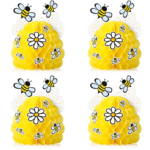 Honey Bee Party Decorations, Bee Baby Centerpieces Honeycomb Decorations with Bee Sunflower Stickers for Bee Themed Party Baby Shower Birthday Table Party Decoration (4 Sets)