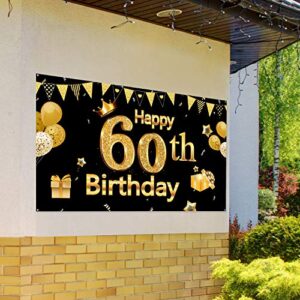 60th Birthday Banner for Men Women, 60th Party Decoration Supplies Backdrop Large Black Gold Sign Poster Photo Booth Background Decor Indoor Outdoor, 72.8 x 43.3 Inch