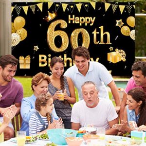 60th Birthday Banner for Men Women, 60th Party Decoration Supplies Backdrop Large Black Gold Sign Poster Photo Booth Background Decor Indoor Outdoor, 72.8 x 43.3 Inch