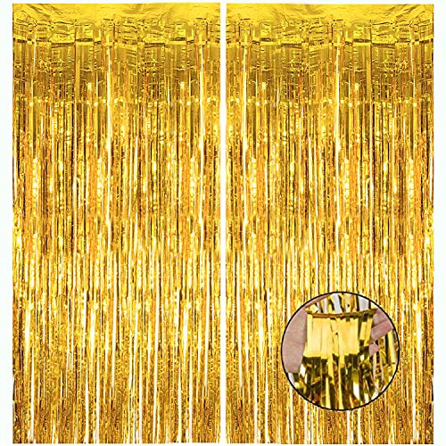 HDLJD Shiny Gold Metallic Foil Fringe Door & Window Curtain Party Decoration 3.3' X 6.6' （Value Pack of 2）