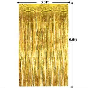 HDLJD Shiny Gold Metallic Foil Fringe Door & Window Curtain Party Decoration 3.3' X 6.6' （Value Pack of 2）