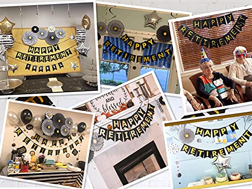 Retirement Party Decorations for Men Women Black Gold Happy Retirement Banner Hanging Swirls Kit for Retirement Party Decor Supplies