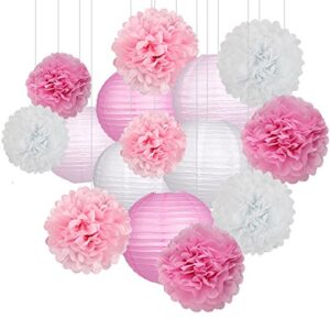 15pcs party pack paper lanterns and pom pom balls hanging decoration for wedding birthday baby shower-pink/white