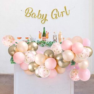 Sweet Baby Co. Baby Shower Decorations for Girl with Pink Balloon Arch Garland Kit, Baby Girl Banner Decor, Eucalyptus Boho Greenery Vine, Light Pink, Peach Blush, Gold, Confetti Balloons