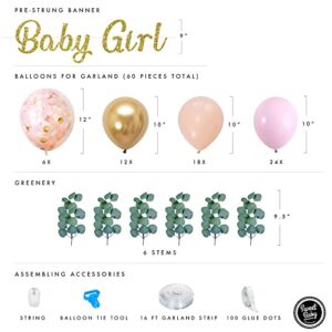 Sweet Baby Co. Baby Shower Decorations for Girl with Pink Balloon Arch Garland Kit, Baby Girl Banner Decor, Eucalyptus Boho Greenery Vine, Light Pink, Peach Blush, Gold, Confetti Balloons