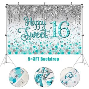 Sweet 16 Birthday Decorations--Teal 16th Birthday Decorations for Girls,Sweet 16 Backdrop ,Sweet 16 Birthday Sash ,Teal Blue Balloons Garland Kit and Teal Dot Disposable Tablecloth