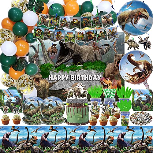 230PCS Dinosaur Birthday Party Supplies Decoration Set for Kids, Serves 10 Guests with Banner, Backdrop, Foil Balloons, Stickers, Balloon Kit, Tableware, Cake Topper, Cup Cake Toppers