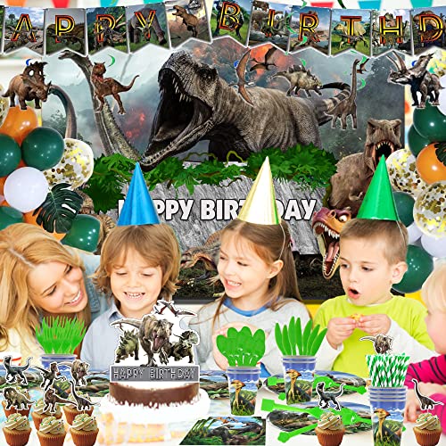 230PCS Dinosaur Birthday Party Supplies Decoration Set for Kids, Serves 10 Guests with Banner, Backdrop, Foil Balloons, Stickers, Balloon Kit, Tableware, Cake Topper, Cup Cake Toppers