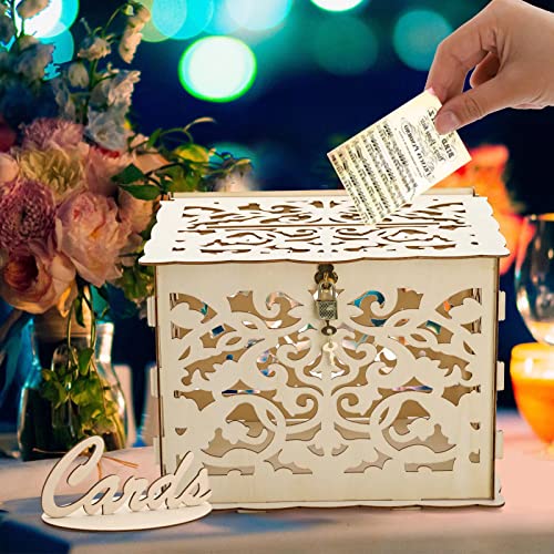 ZENFUN Wedding Card Box with Lock and Card Sign, Wooden Hollow Card Box DIY Envelop Gift Money Box, Wedding Reception Box for Party Supplies, Baby Showers, Birthdays, Graduations