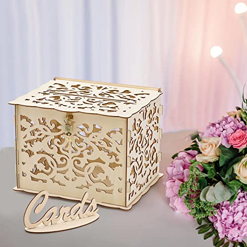 ZENFUN Wedding Card Box with Lock and Card Sign, Wooden Hollow Card Box DIY Envelop Gift Money Box, Wedding Reception Box for Party Supplies, Baby Showers, Birthdays, Graduations