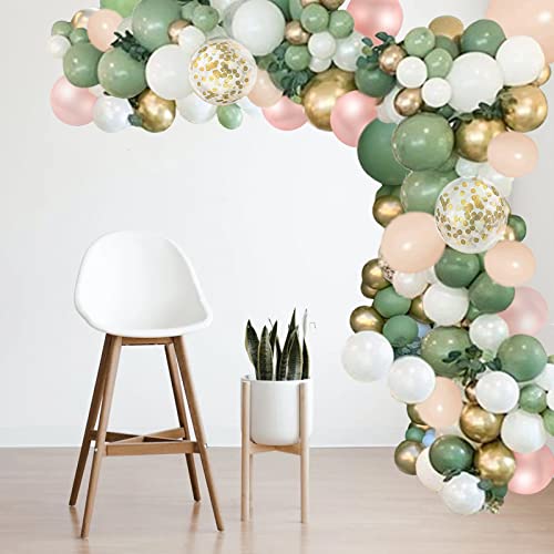 LEVSUPTY 140Pcs Sage Olive Green Balloon Garland Kit, White Gold Blush Pink Confetti Latex Balloons Arch for Baby Shower Bridal Shower Birthday Party Wedding Graduation Decorations Supplies