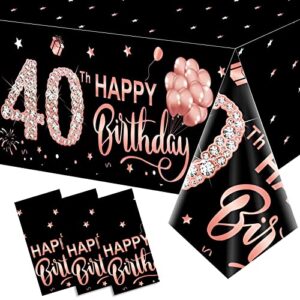 3 pack 40th birthday tablecloth decorations for women, rose gold happy 40 birthday table cover party supplies, forty year old birthday plastic disposable rectangular table cloth decor