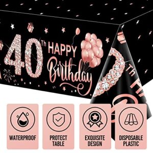 3 Pack 40th Birthday Tablecloth Decorations for Women, Rose Gold Happy 40 Birthday Table Cover Party Supplies, Forty Year Old Birthday Plastic Disposable Rectangular Table Cloth Decor