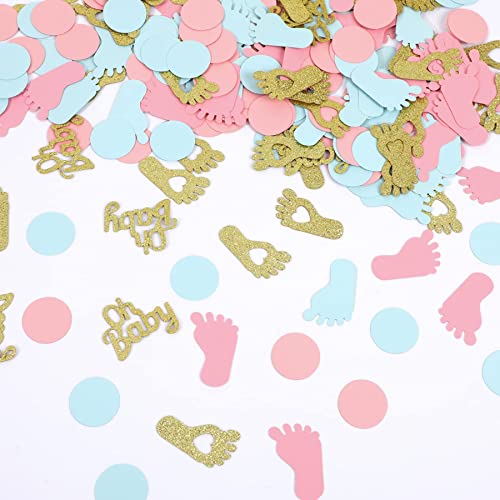 MARFOREVER 350 Pieces Gender Reveal Confetti Baby Shower Decoration Blue Pink Gold Oh Baby Round Footprints Gender Reveal Party Wedding Tabletop Paper Scraps