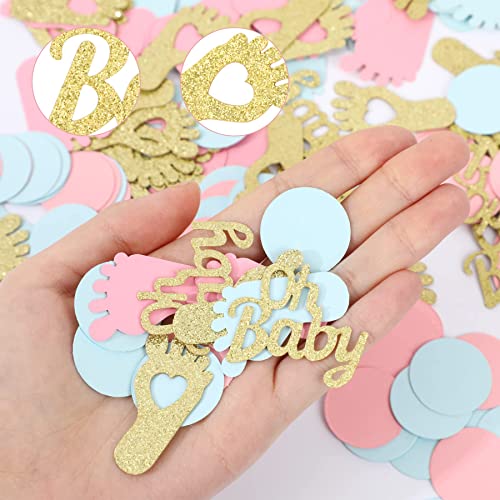 MARFOREVER 350 Pieces Gender Reveal Confetti Baby Shower Decoration Blue Pink Gold Oh Baby Round Footprints Gender Reveal Party Wedding Tabletop Paper Scraps