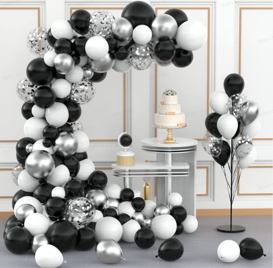 Black White Balloon Garland Kit Kelfara 120Pcs Different Sizes 12/10/5 inch Matte Black White and Metallic Silver Confetti Latex Balloons for Wedding Birthday Party Accessory Arch Decoration