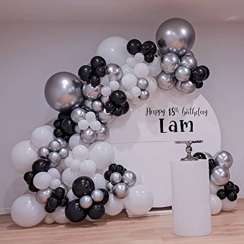 Black White Balloon Garland Kit Kelfara 120Pcs Different Sizes 12/10/5 inch Matte Black White and Metallic Silver Confetti Latex Balloons for Wedding Birthday Party Accessory Arch Decoration