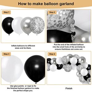 Black White Balloon Garland Kit Kelfara 120Pcs Different Sizes 12/10/5 inch Matte Black White and Metallic Silver Confetti Latex Balloons for Wedding Birthday Party Accessory Arch Decoration