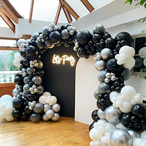 Black White Balloon Garland Kit Kelfara 120Pcs Different Sizes 12/10/5 inch Matte Black White and Metallic Silver Confetti Latex Balloons for Wedding Birthday Party Accessory Arch Decoration