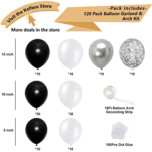 Black White Balloon Garland Kit Kelfara 120Pcs Different Sizes 12/10/5 inch Matte Black White and Metallic Silver Confetti Latex Balloons for Wedding Birthday Party Accessory Arch Decoration