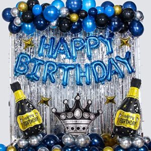 happy birthday decorations for men, royal blue bday party decorations for men women boys with foil fringe curtains,happy birthday banner balloons,party supplies for 20th 25th 30th 35th 40th 50th 60th